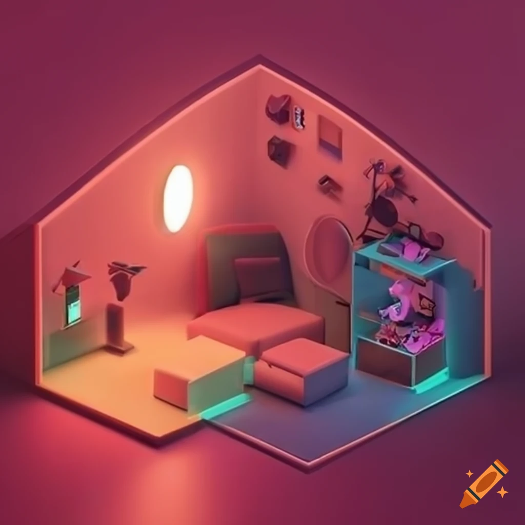 Isometric cozy cube room with neon computers synthwave on Craiyon