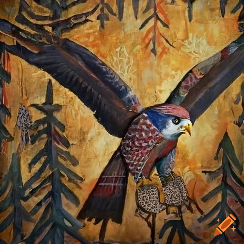 Masterful medieval painting of an abstract falcon flying over a forest ...