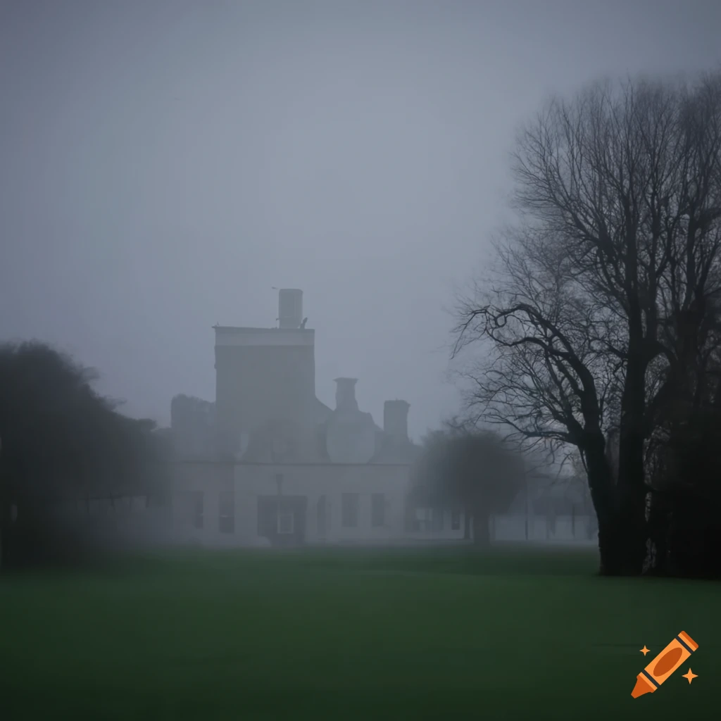 Victorian-era mansion surrounded by mist in the english countryside on ...