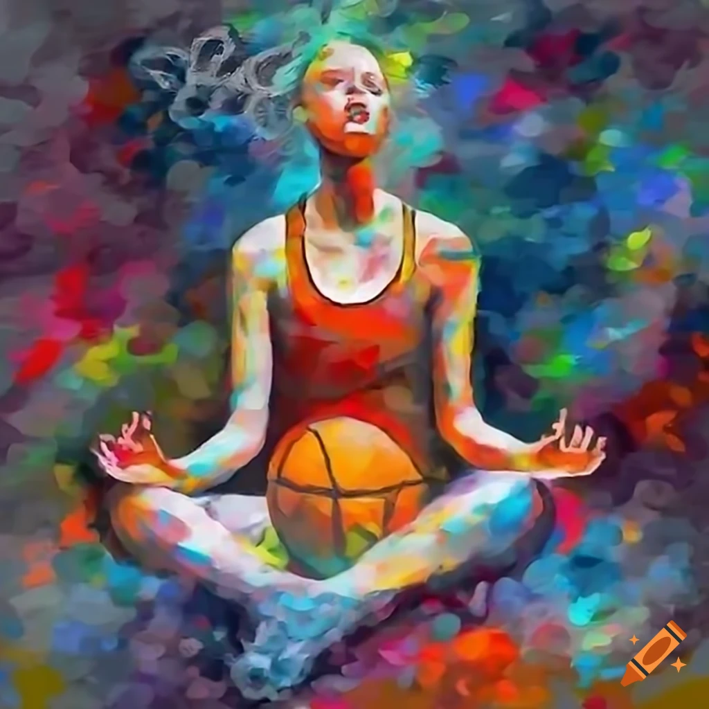 Zen female basketball player meditating with basketballs on Craiyon