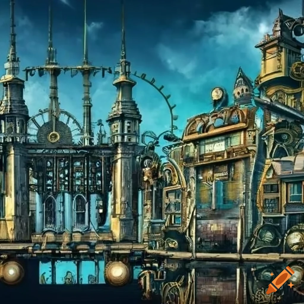 Steampunk metropolis with intricate gears and clockworks in ...