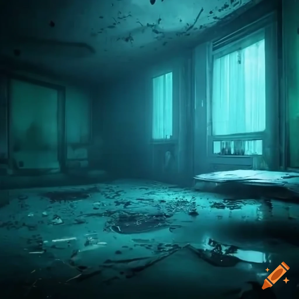 Inside of an abandoned futuristic underwater base with a medical room ...