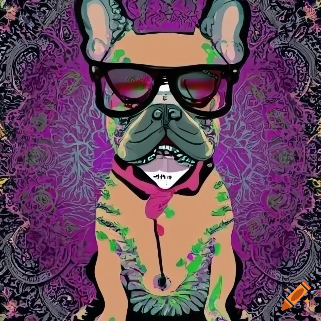 Frida Kahlo-inspired Frenchie Bulldog playing piano in intricate vector ...