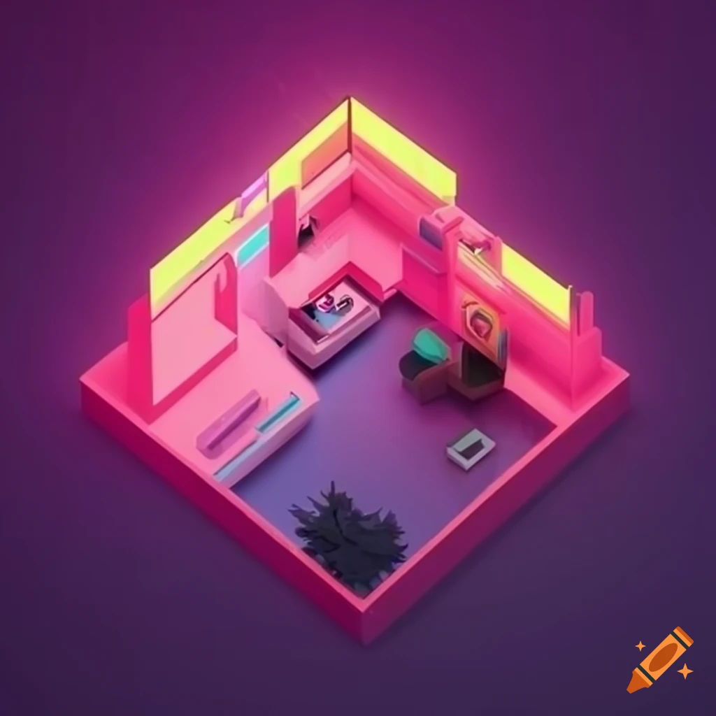 Isometric cozy cube room with neon computers synthwave on Craiyon