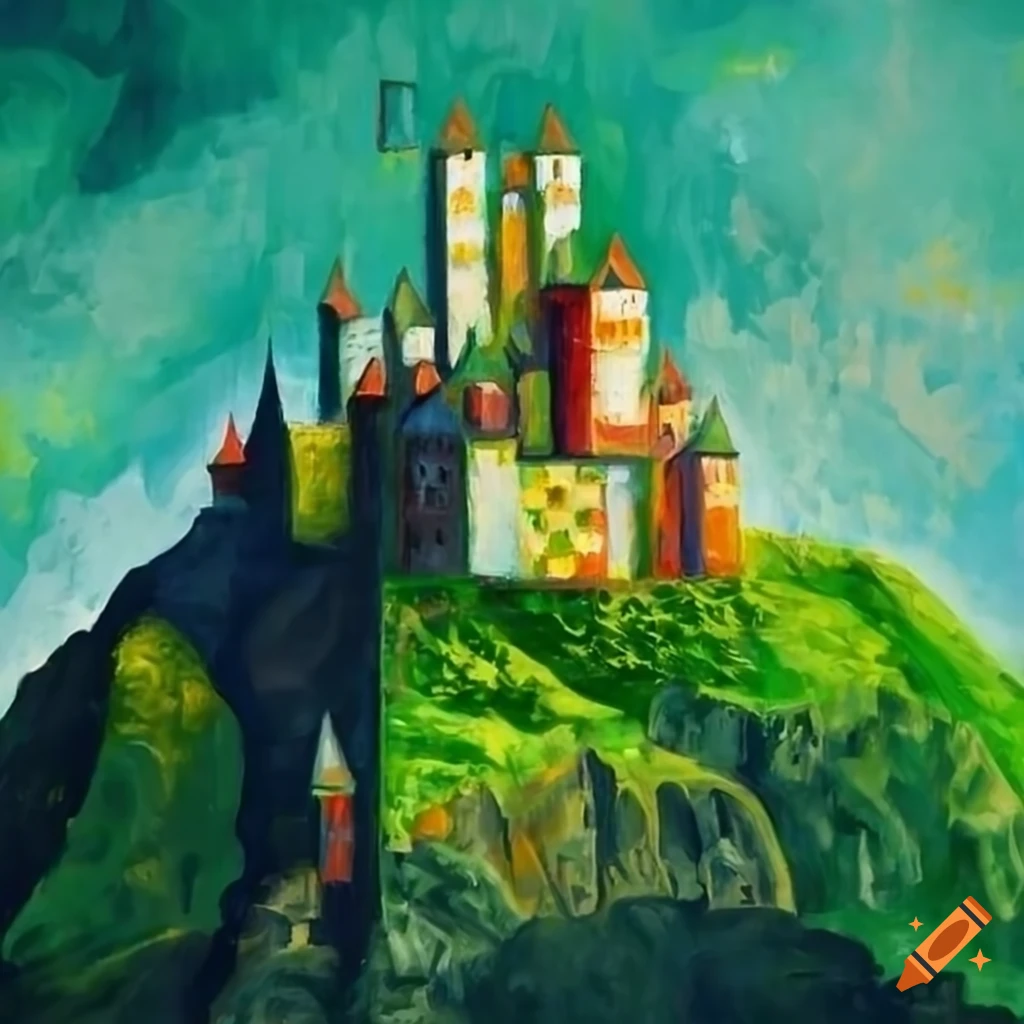 Medieval abstract patchwork castle on a green mountain on Craiyon