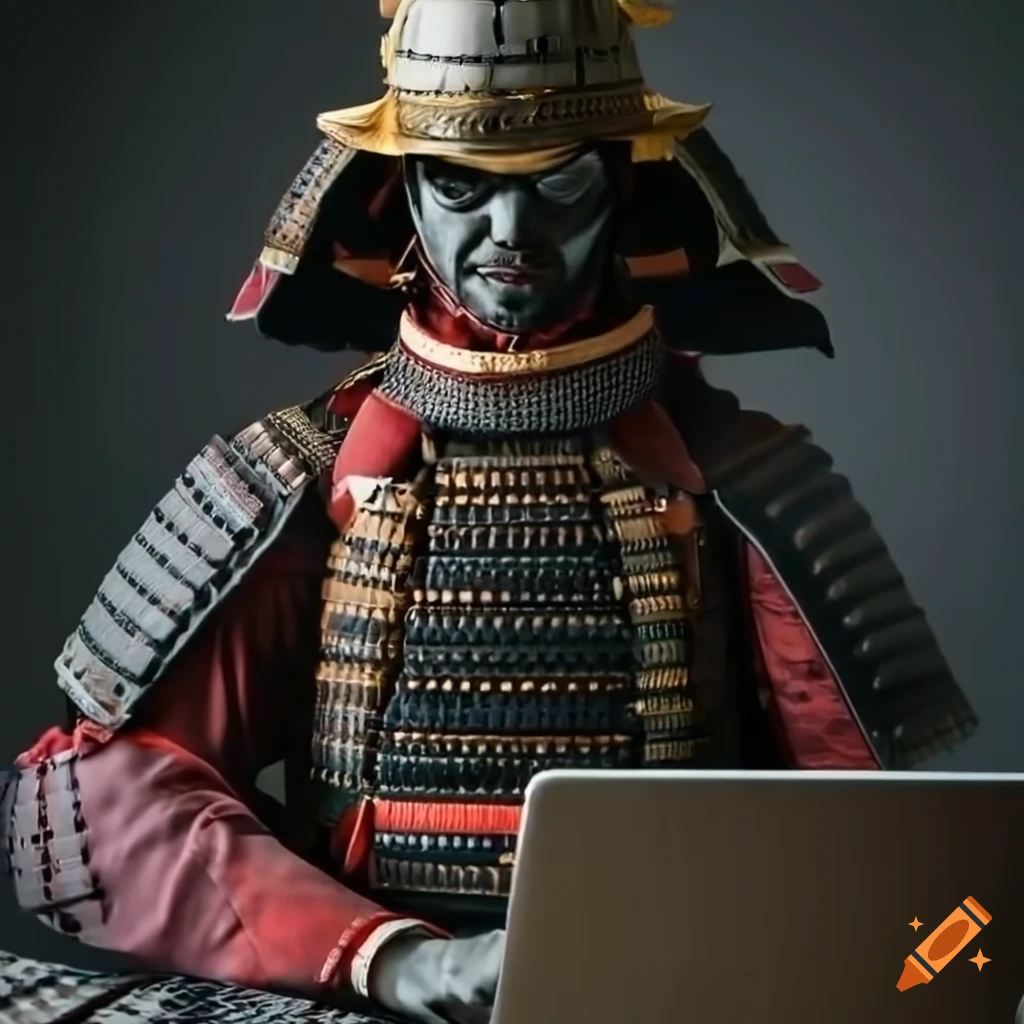 Samurai in armor sitting at a modern desk with a laptop on Craiyon