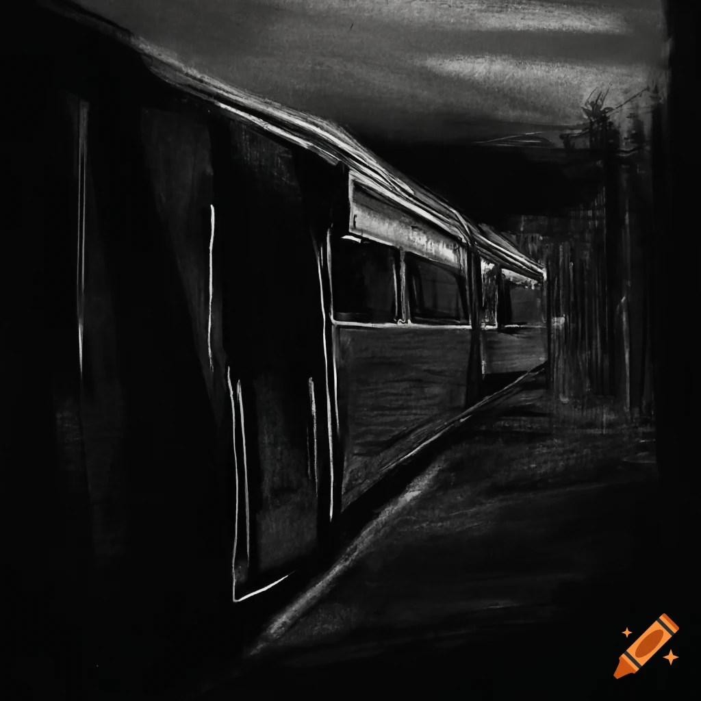 Night train with lit windows speeding by in a charcoal drawing on Craiyon