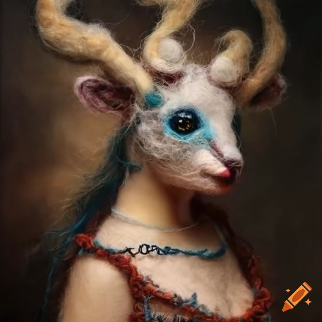 Colorful felted wool creatures in intricate clothing designs on Craiyon