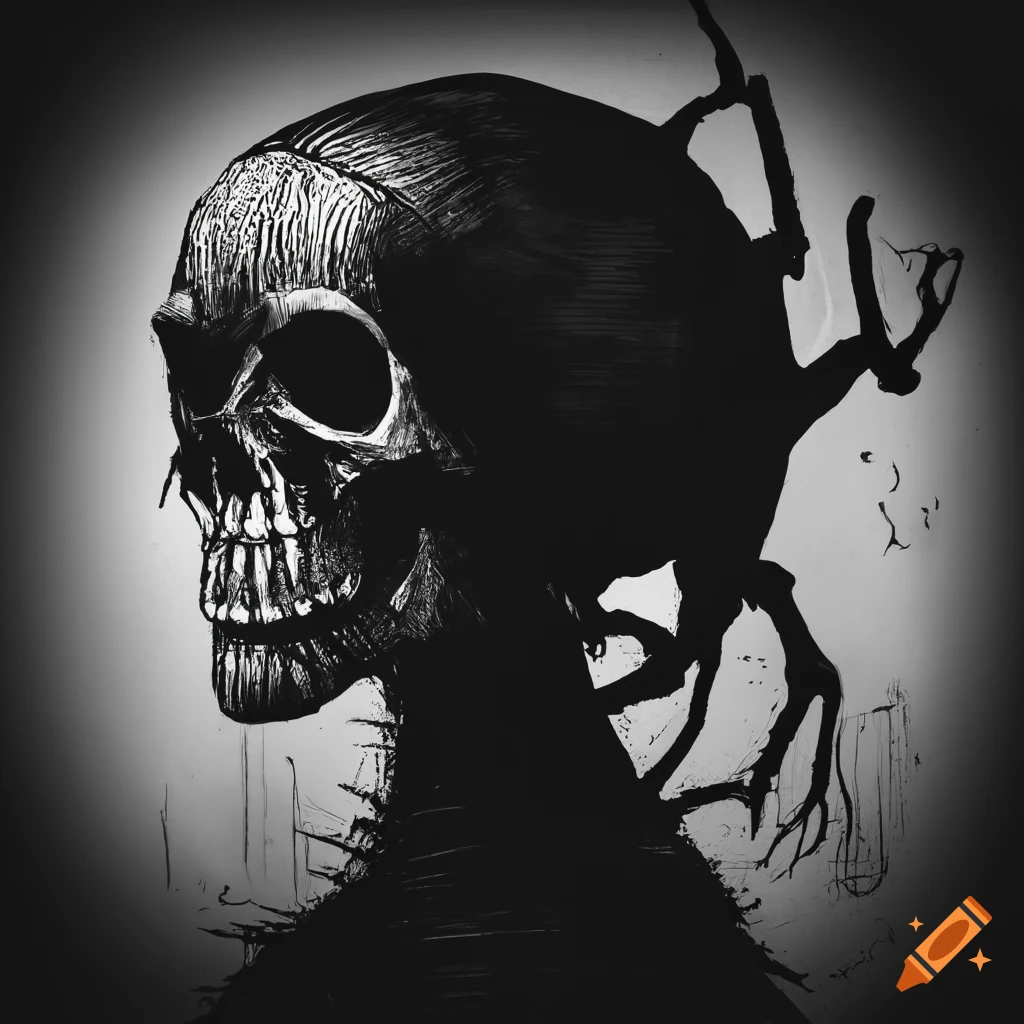 Black silhouette of a dystopian skeletal witch with complex geometry on ...