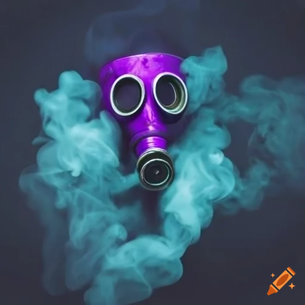 Purple gas mask with cyan smoke on Craiyon