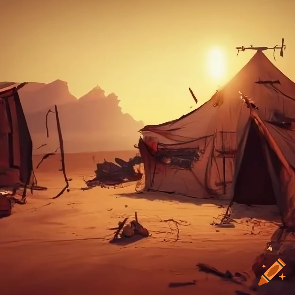 Post-apocalyptic camp in an empty desert during the day on Craiyon