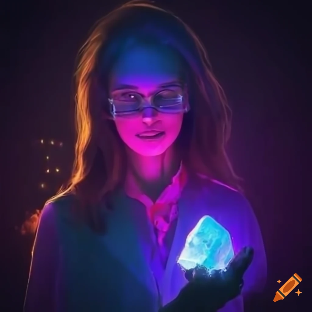 Scientist holding glowing mineral in lab for world-saving, epic fantasy ...