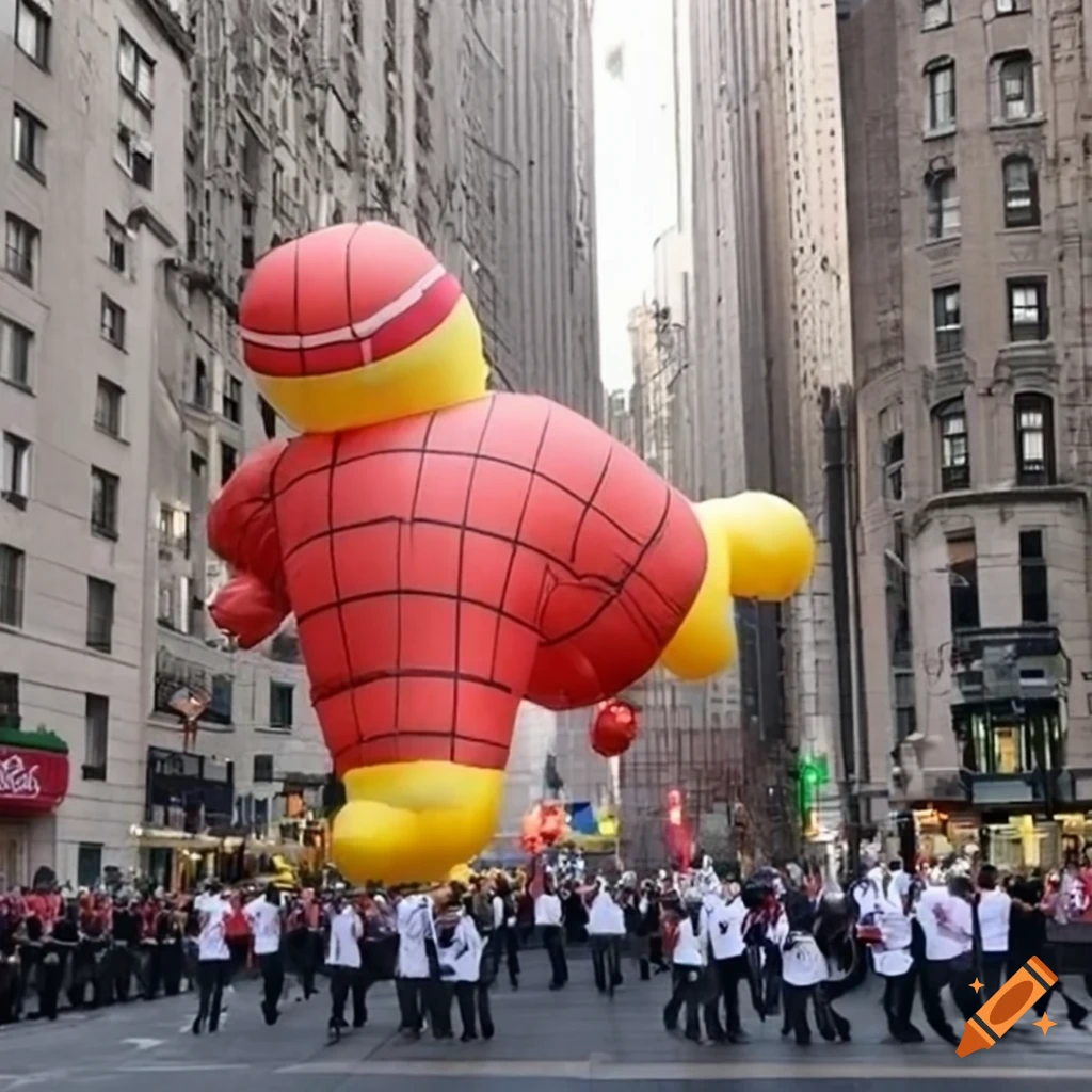 Giant inflatable parade figure in an urban street setting on Craiyon