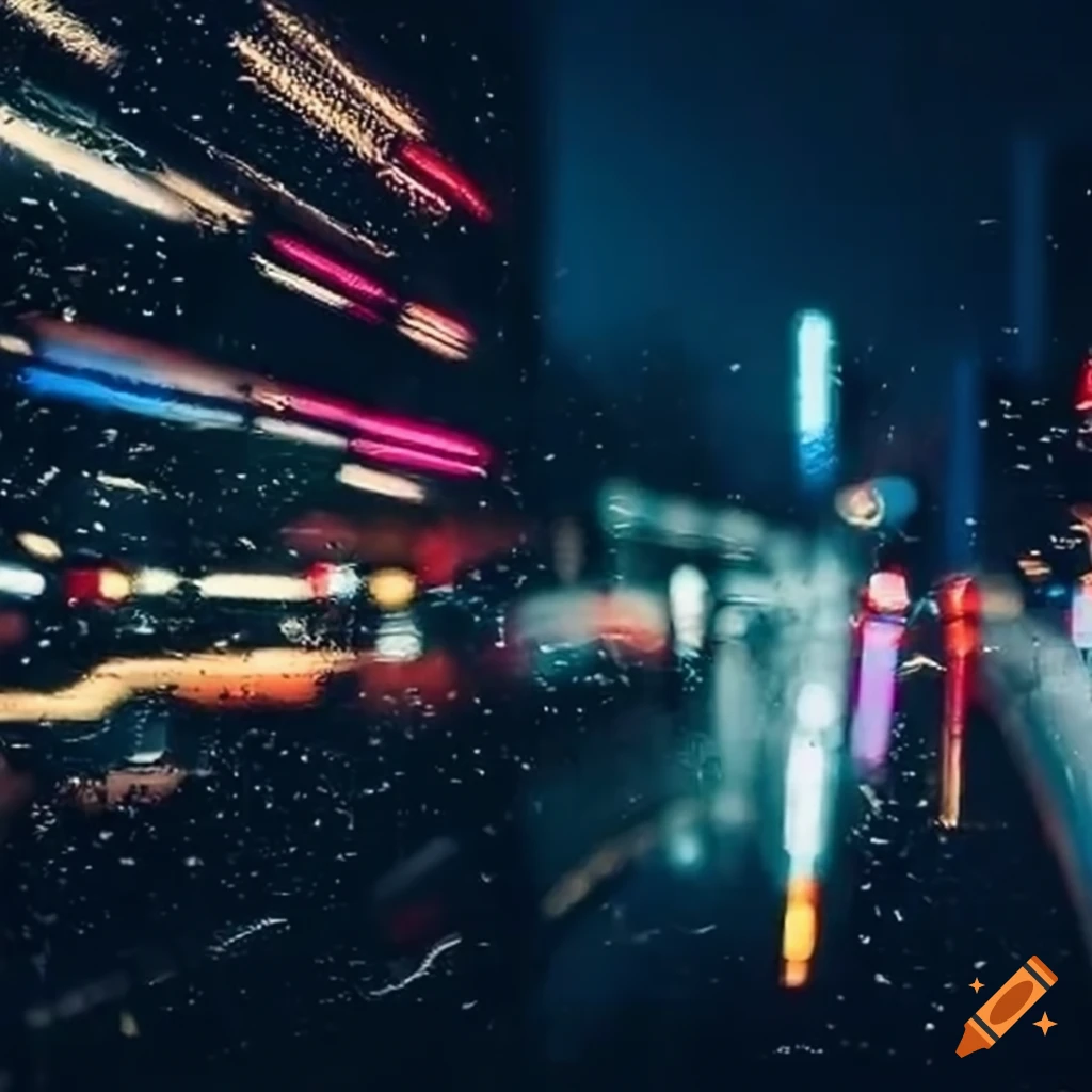 City lights through car window on a rainy night on Craiyon
