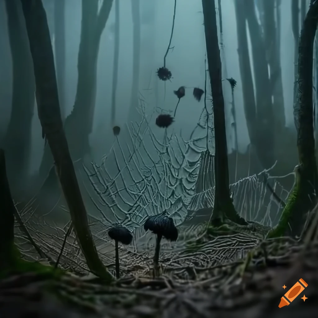 Eerie dark forest with spider web, mushrooms, and glowing red eyes on ...