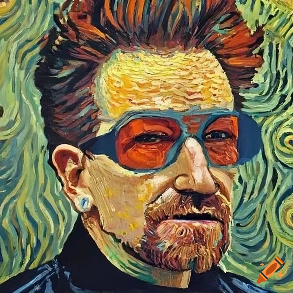 Bono portrait painted in van gogh style on Craiyon