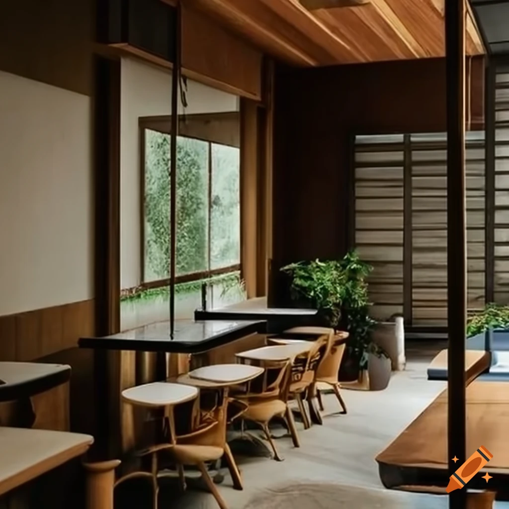 Japanese-inspired minimalist garden cafe with koi fish decorations on ...