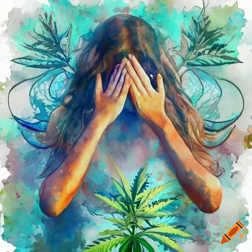 Melancholic young woman angel in a marijuana farm with hands covering ...