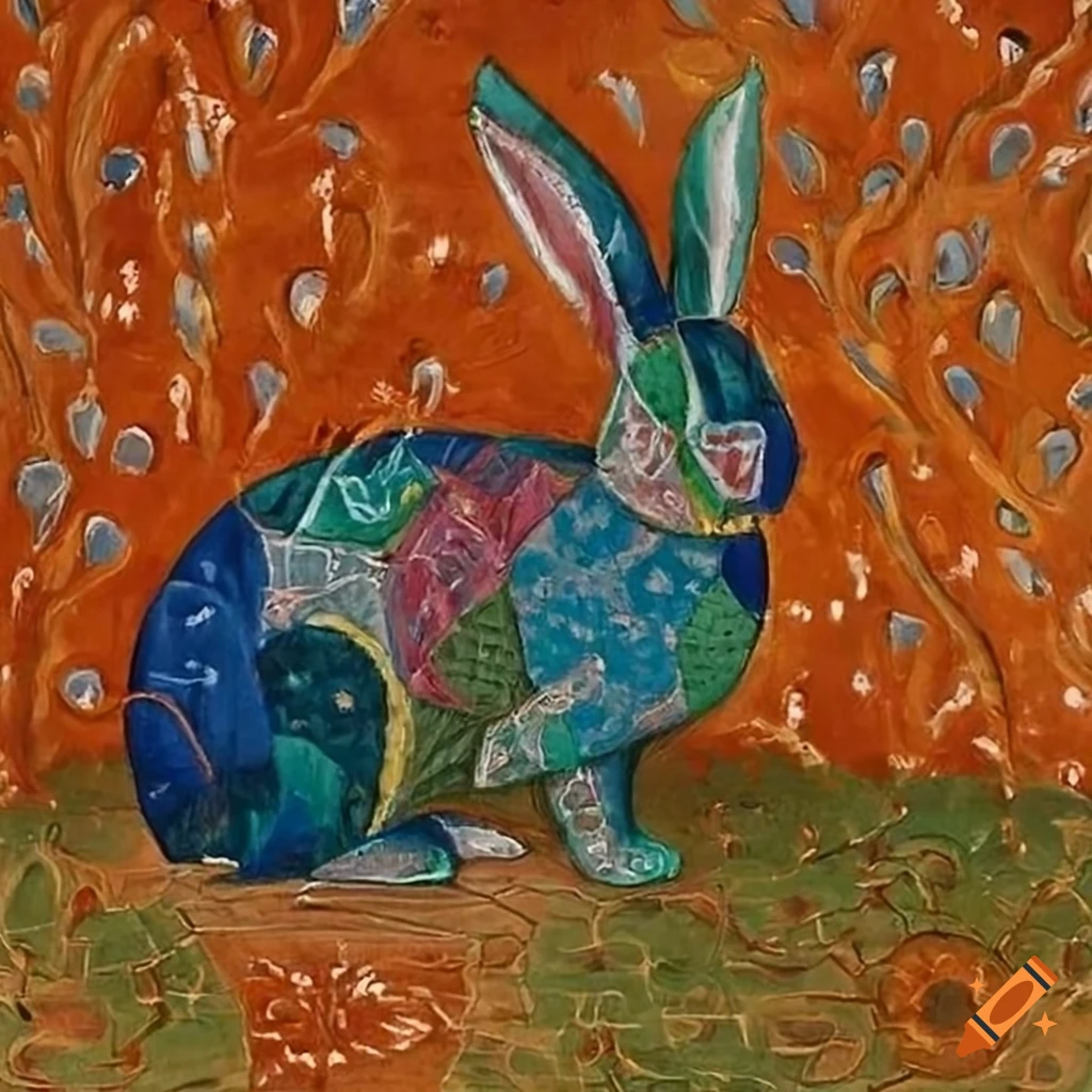 Medieval painting of detailed patchwork rabbit in field on Craiyon