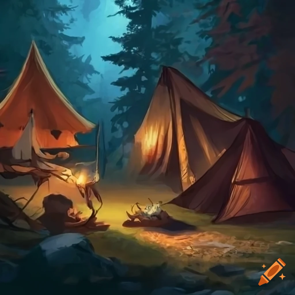 D&d camp in the night woods by a creek on Craiyon