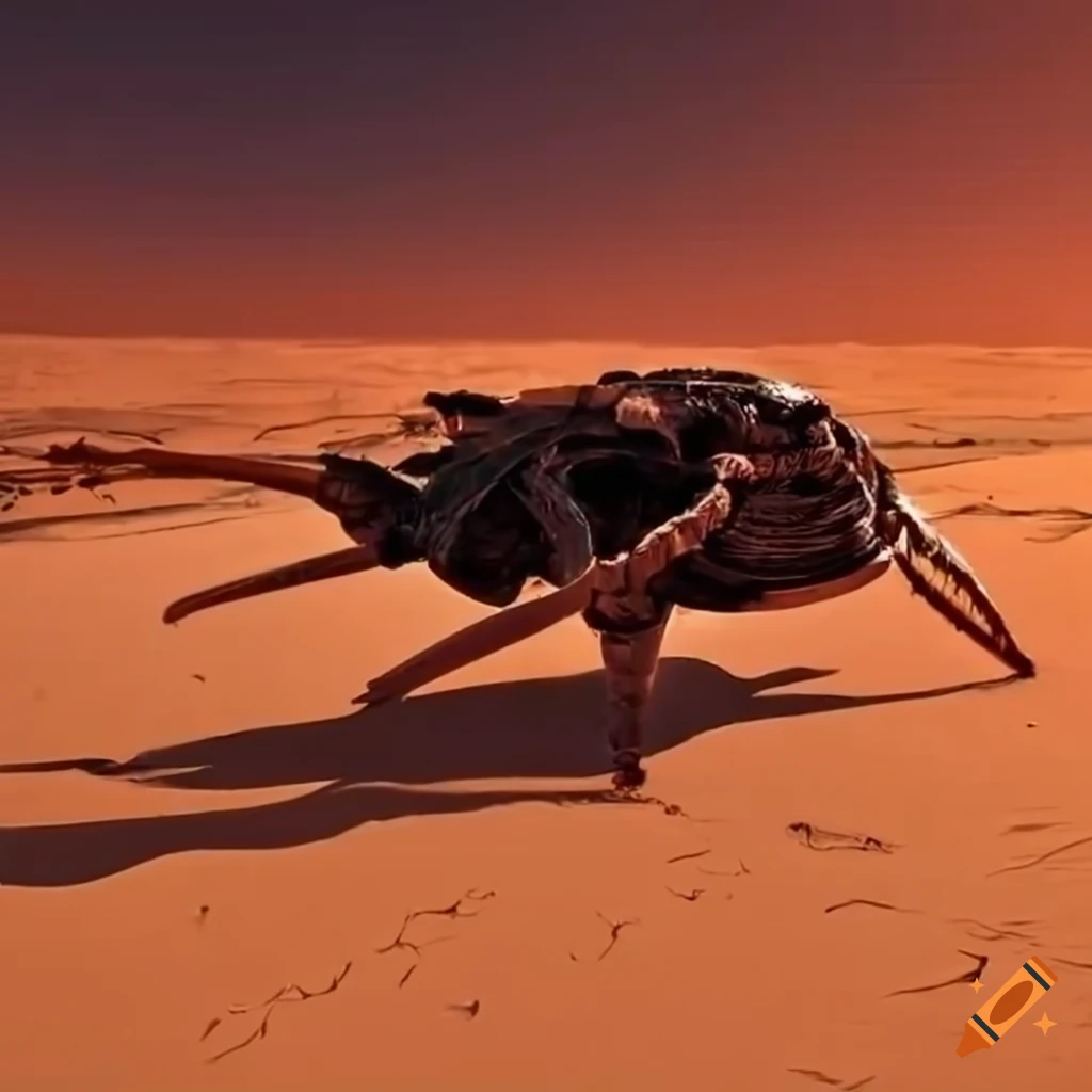 Intricately-designed robotic insect in a desert landscape on Craiyon