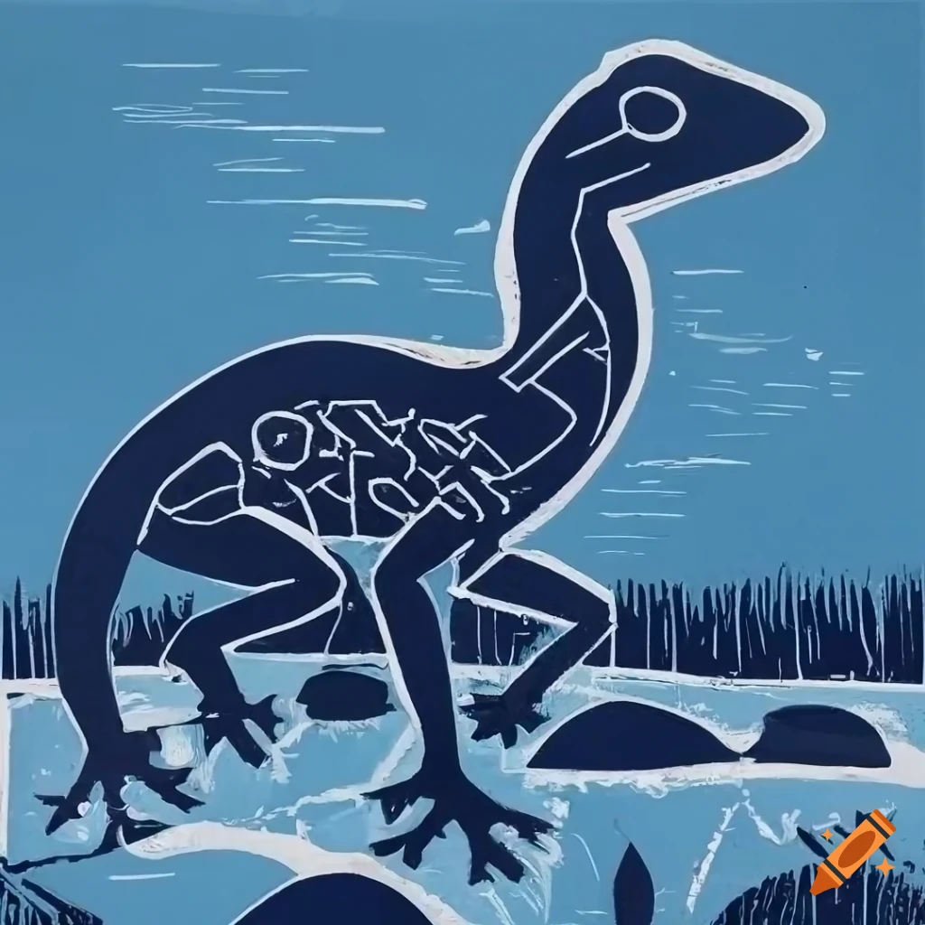 Linocut lizard man in a frozen bog on Craiyon