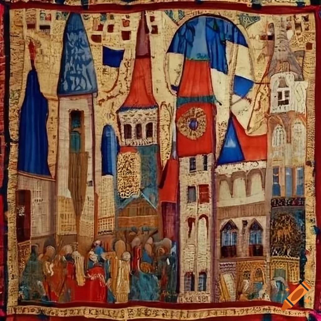 Medieval painting of abstract patchwork tapestry depicting a great city ...