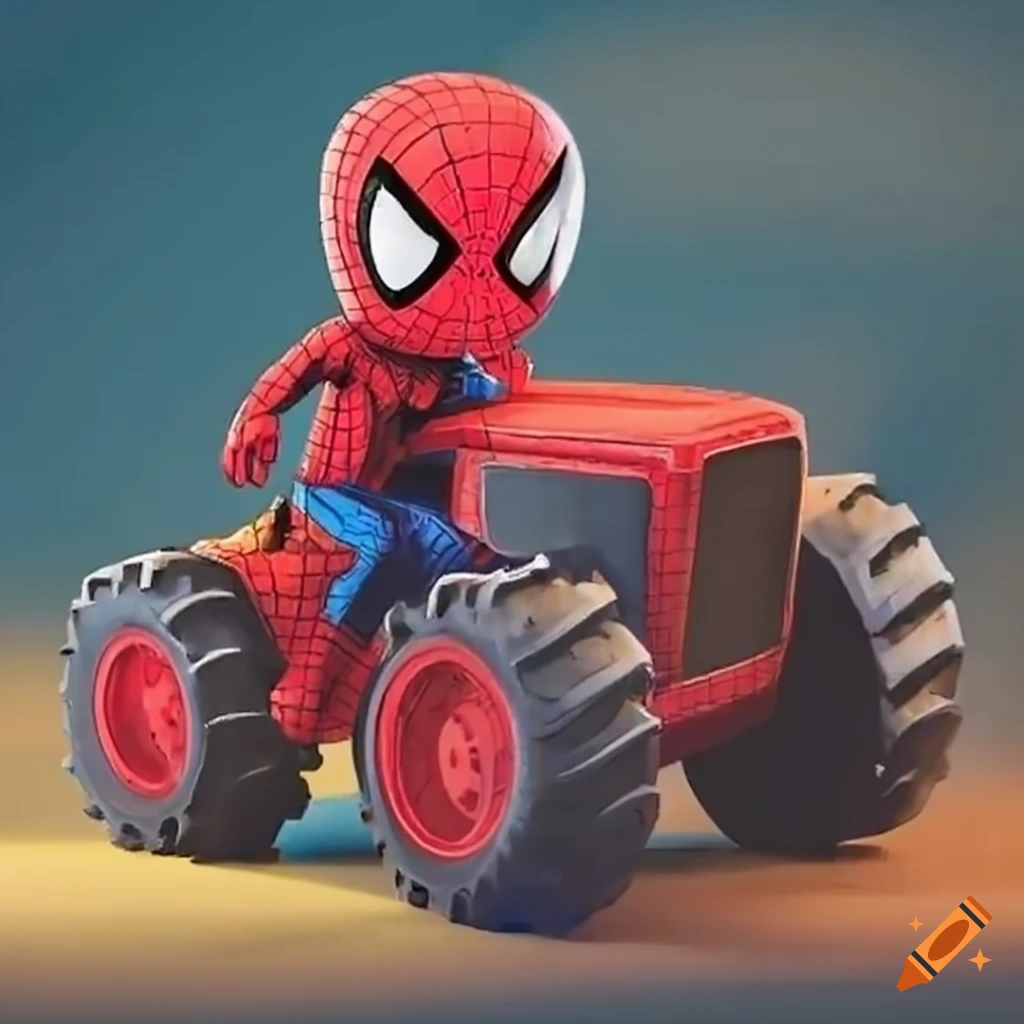 Spiderman riding a tractor with an excavator bucket on Craiyon