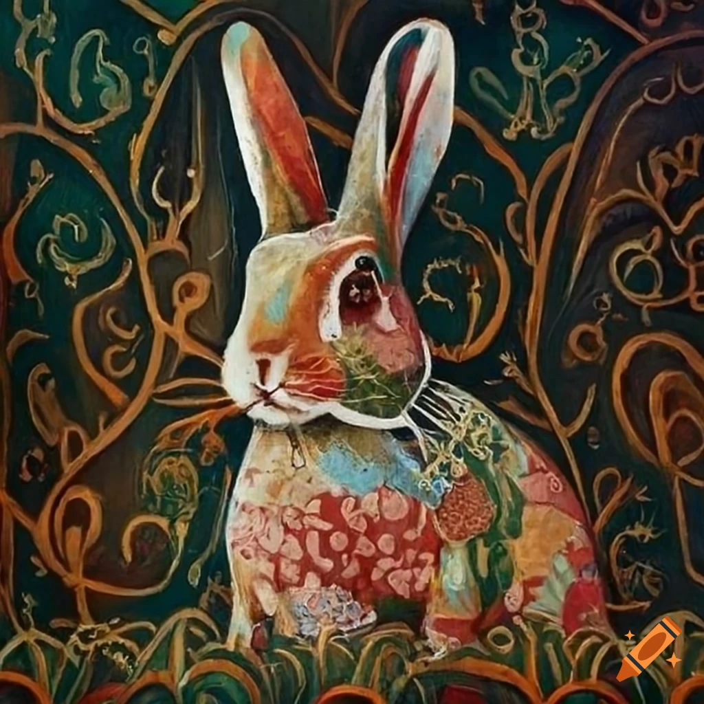 Medieval painting of detailed patchwork rabbit in field on Craiyon
