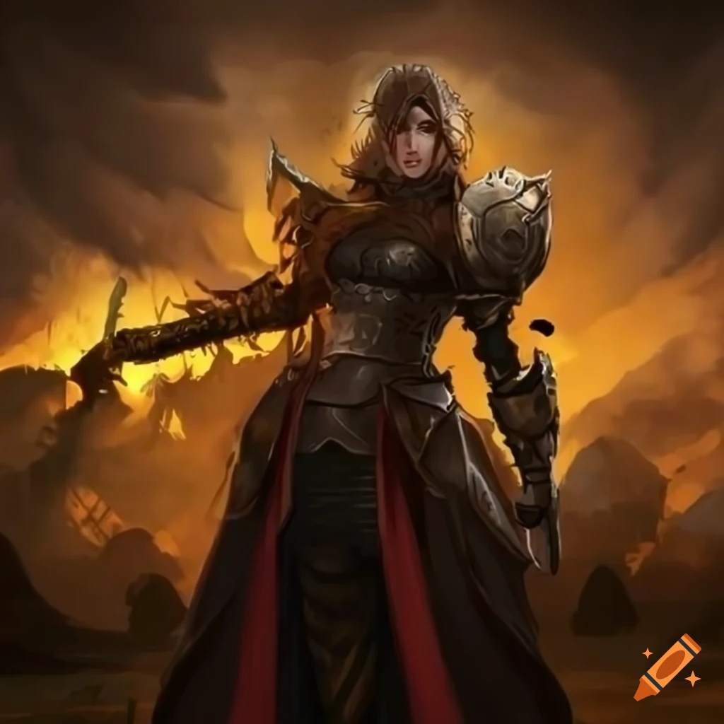 Brave knight woman in shining golden armor in a grimdark landscape on ...