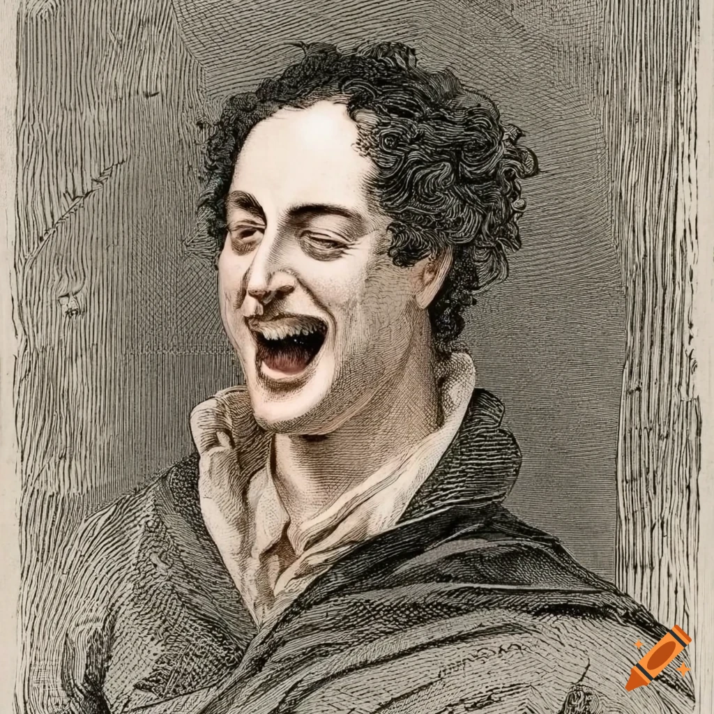 Portrait of lord byron laughing in 19th century engraving style on Craiyon