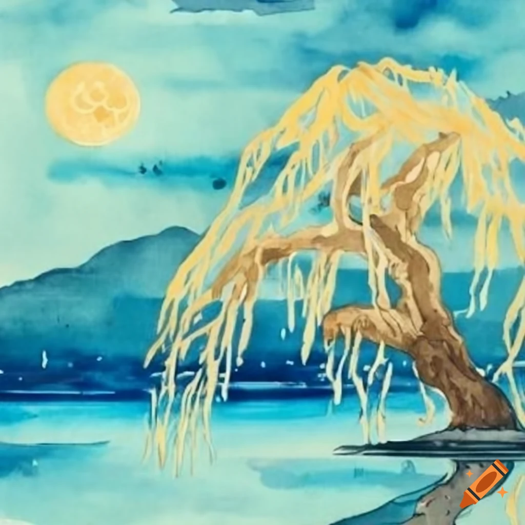 Japanese woodblock style design of a bending willow tree by a peaceful ...