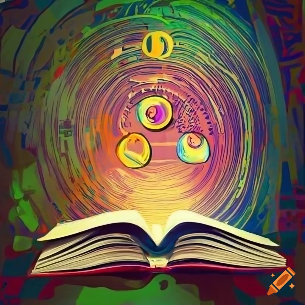 Book frontcover with symbols emerging from pages on Craiyon