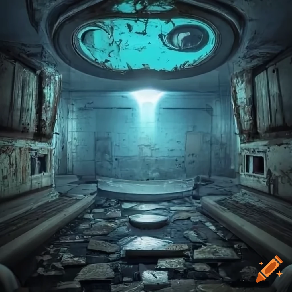 Interior of abandoned underwater futuristic base with damaged walls and ...