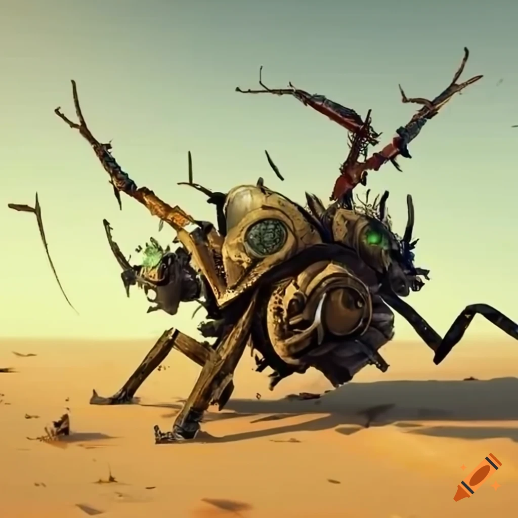 Mechanical insect guard in a post-apocalyptic desert on Craiyon
