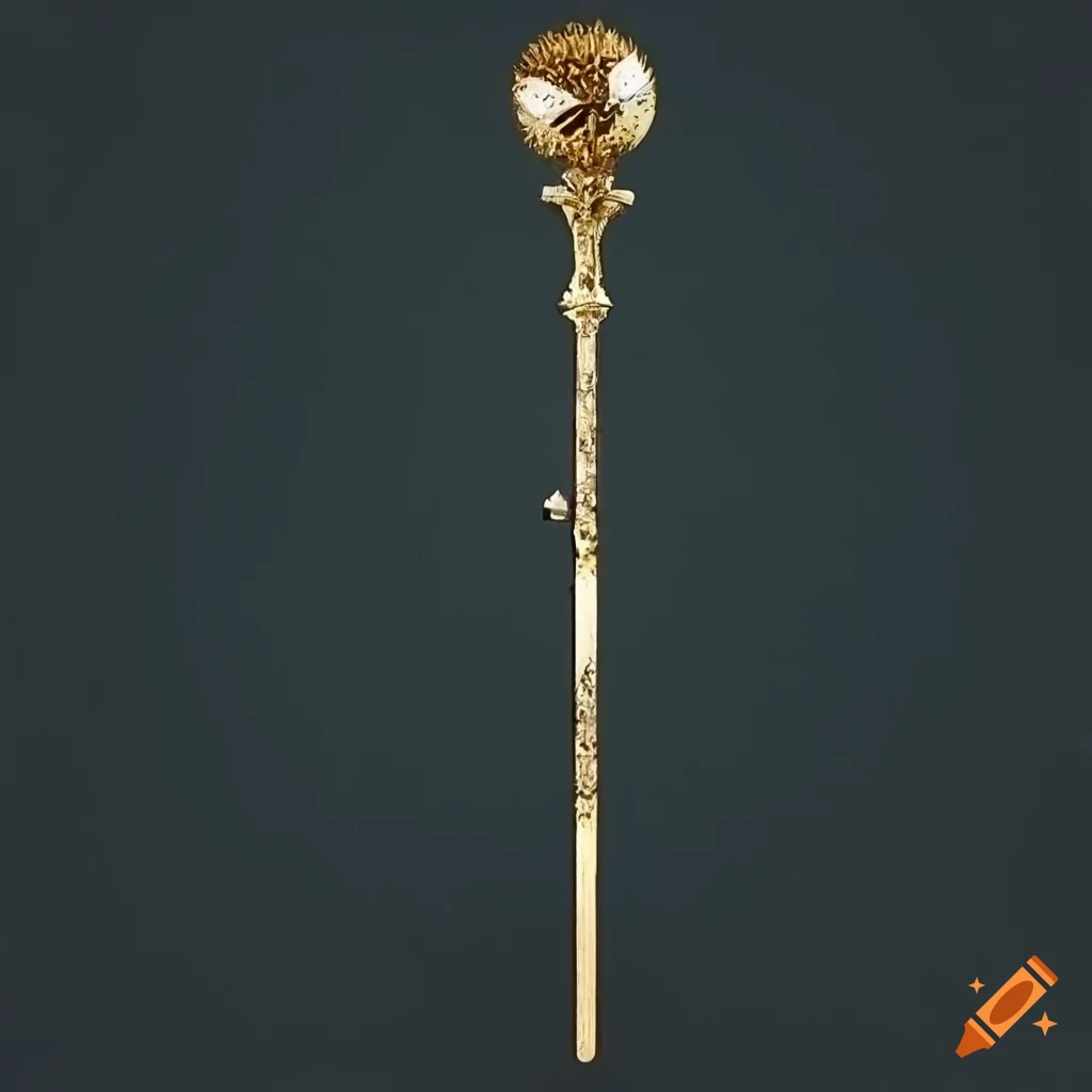 Long black wood magic staff with flaming crystal sphere and gold ...