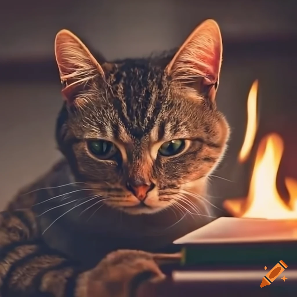 Cat studying in a library on fire on Craiyon