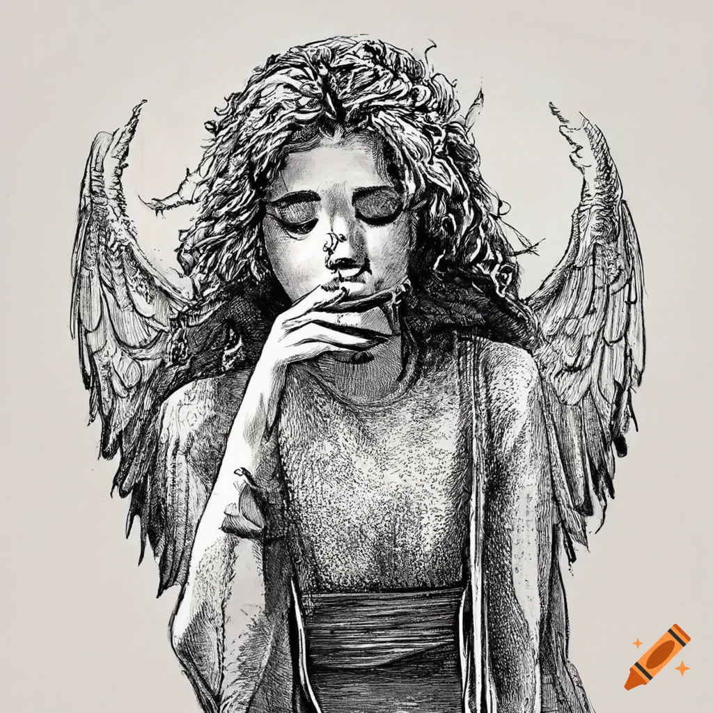 Young woman angel with a blunt in pen ink drawing on Craiyon