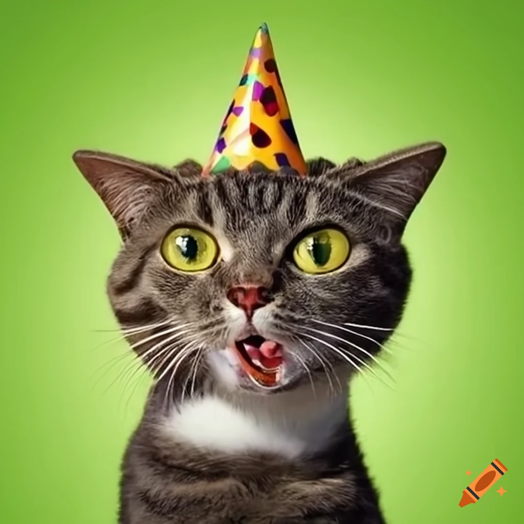 Cat wearing a party hat with a pickle on Craiyon