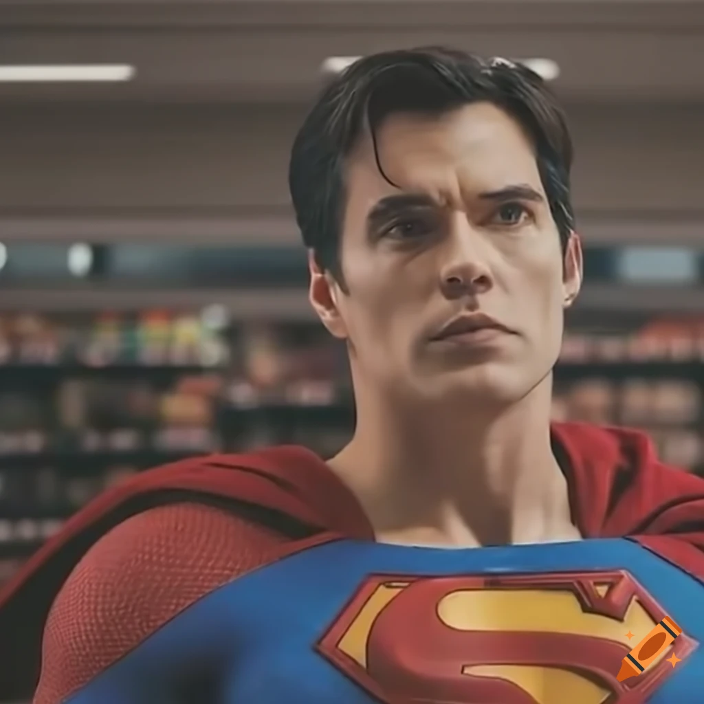 Superman reading food labels at the grocery store in a superhero movie ...