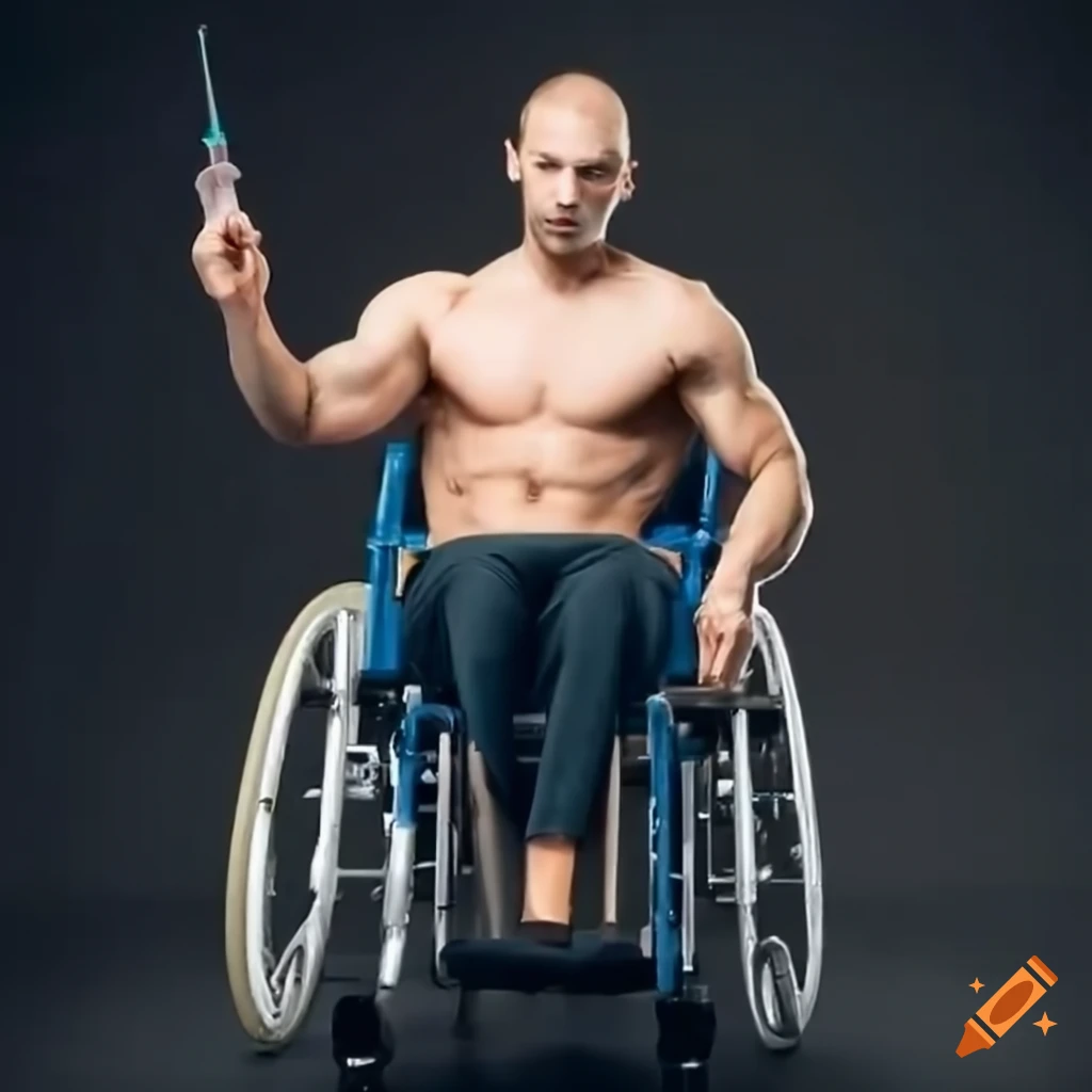 Athletic man in a wheelchair holding a syringe on Craiyon
