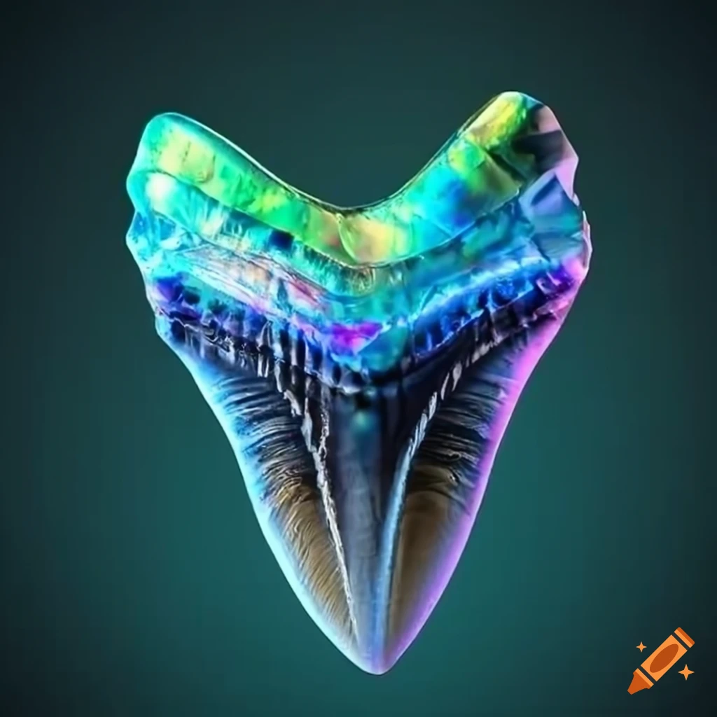Holographic crystal shark tooth fossil with soundwave patterns on Craiyon