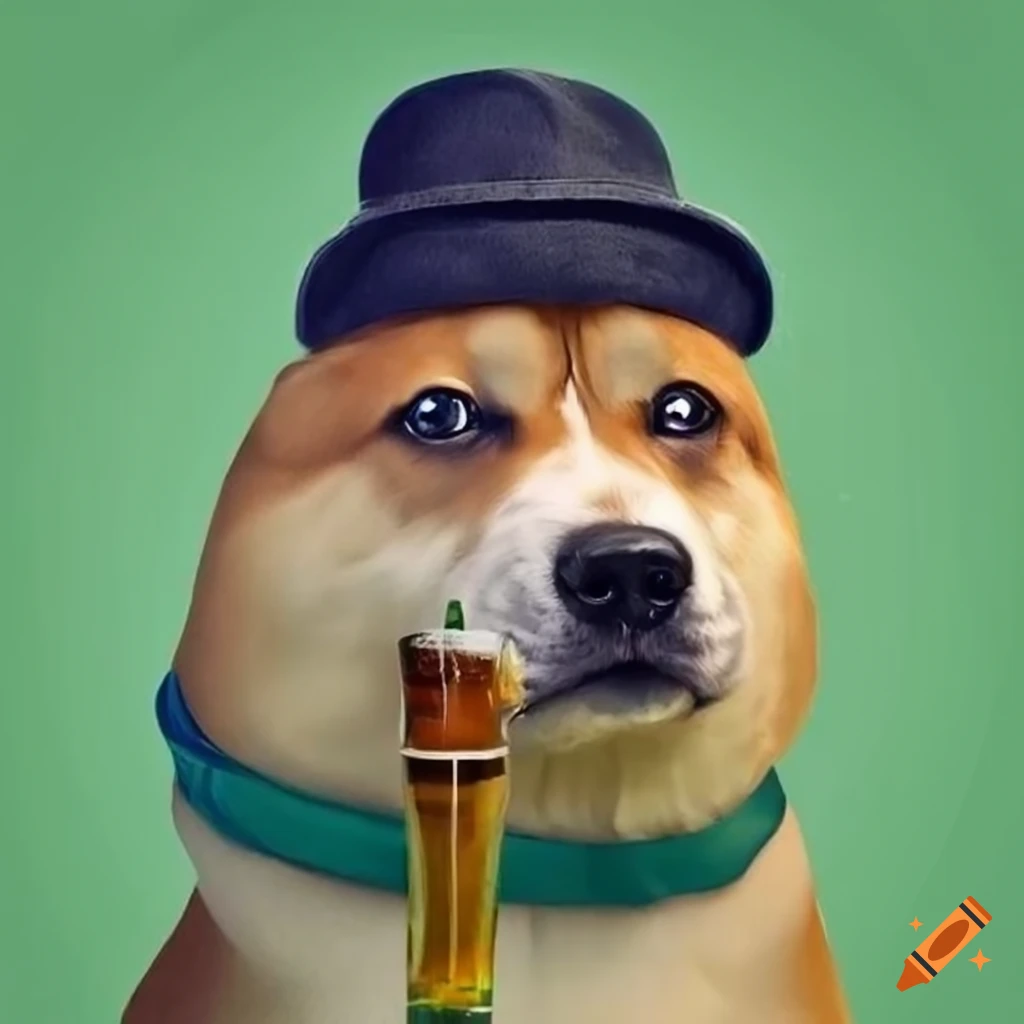 Pepe and Dogecoin with a hat drinking beer on Craiyon