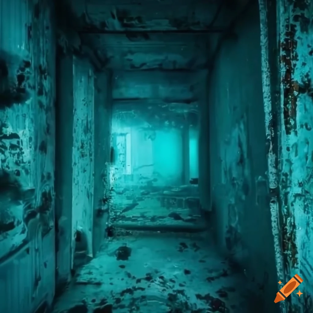 Interior of abandoned futuristic underwater base with damaged walls and ...