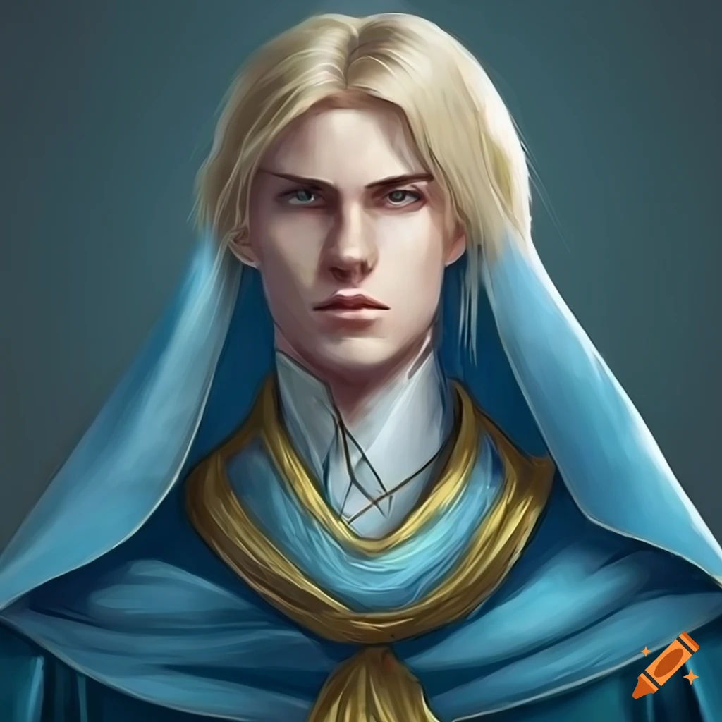 Portrait of a male with long light blonde hair and blue cloak in a ...
