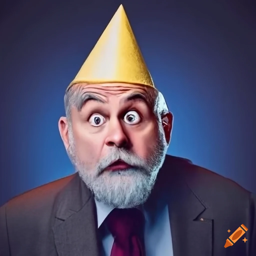 Grey bearded man wearing a dunce hat and making a silly face on Craiyon