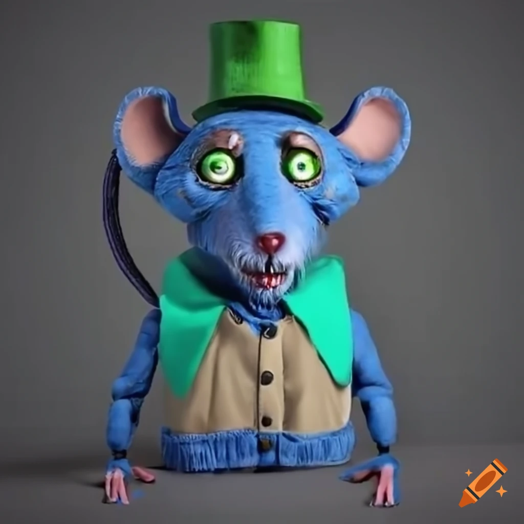 Blue animatronic rat with green hat, vest, and scarf on Craiyon
