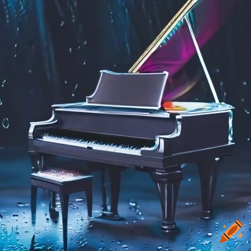Silver grand piano with neon lights in the rain on Craiyon