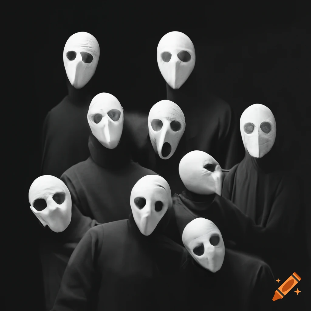 Group of individuals in full white masks in black and white cinematic ...