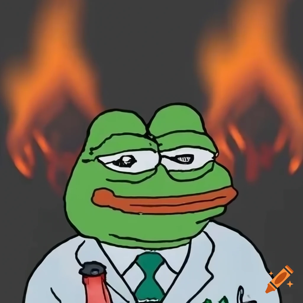 Pepe the frog in labcoat burning a laboratory on Craiyon